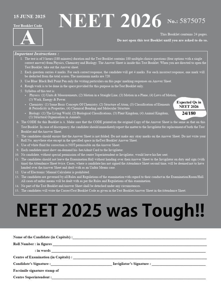 15th June All India Test of NEETprep Test Series | PDF | Force | Physics