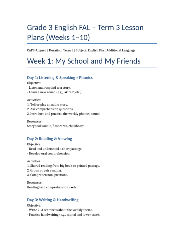 Grade 3 English FAL Term 3 Plans | PDF | Phonics | Reading Comprehension