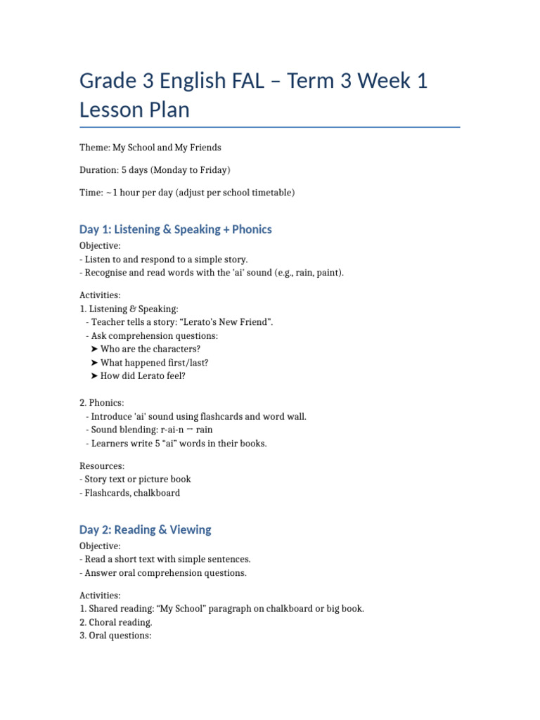 Grade 3 English FAL Term3 Week1 | PDF | Phonics | Verb