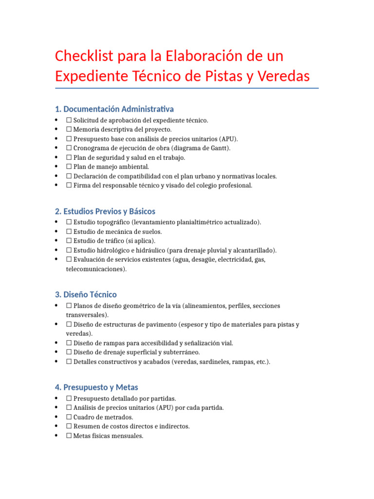 Checklist Expediente Tecnico Pistas Veredas | PDF