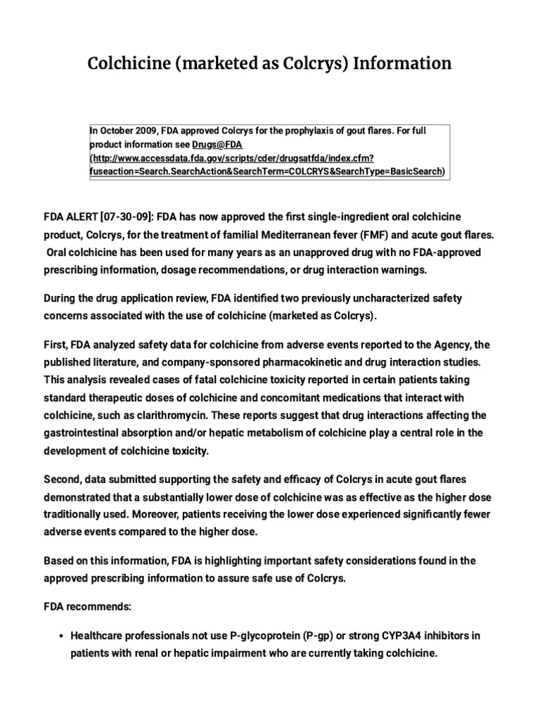 Colchicine (Marketed As Colcrys) Information - FDA | PDF | Drugs ...