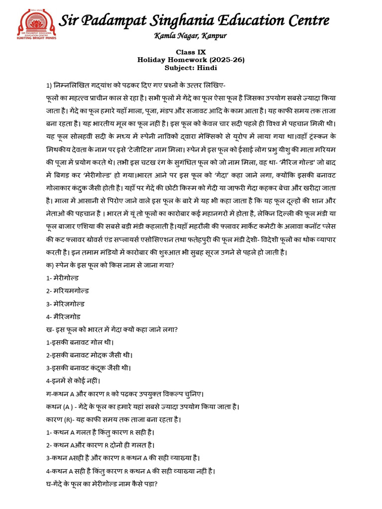Class 9 Hindi HHW | PDF