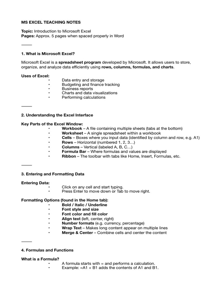 Ms Excel Teaching Notes | PDF | Microsoft Excel | Spreadsheet