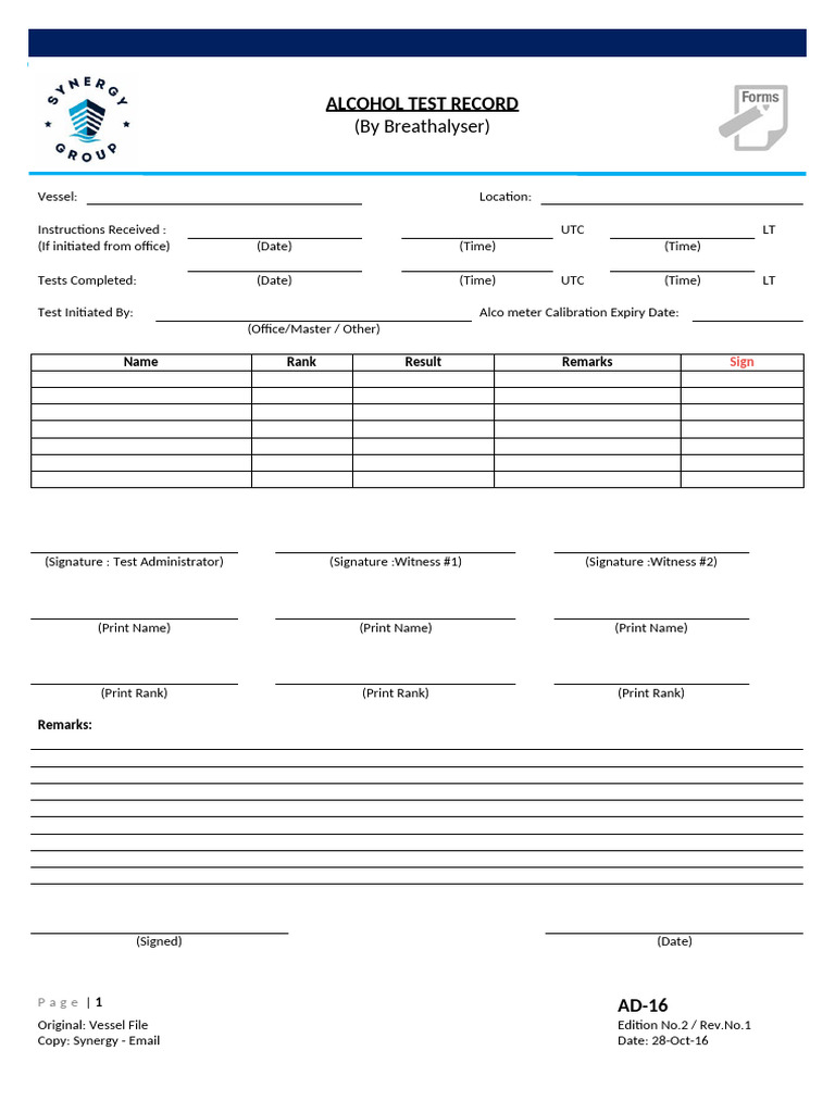 AD-16 Alcohol Test Record | PDF
