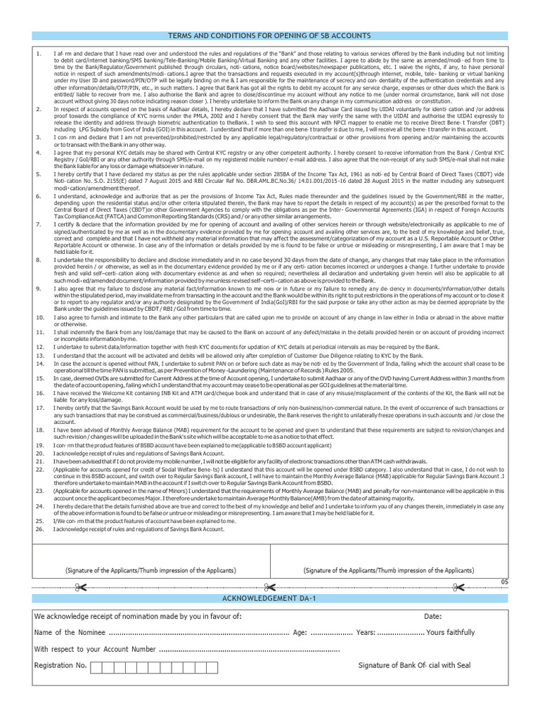 SB Account Opening Terms and Conditions | PDF | Banks | Debit Card