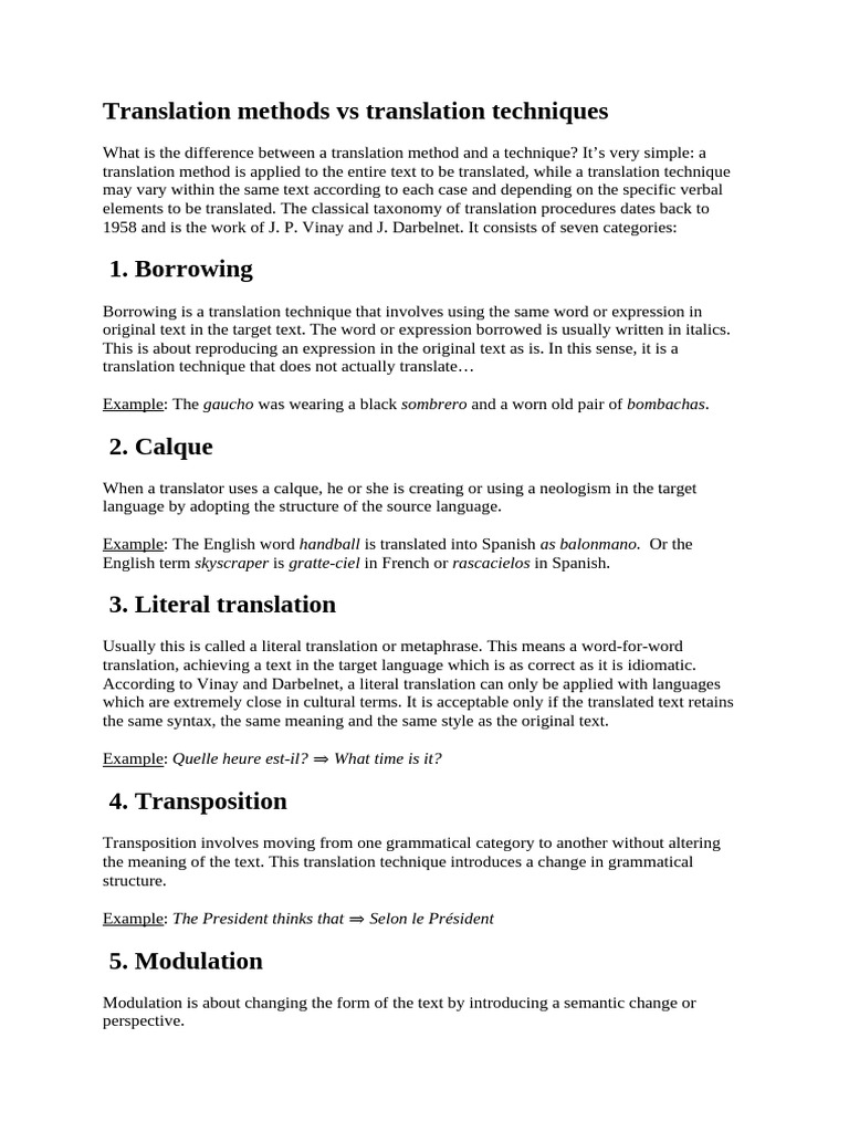 Translation Methods and Techniques Explained | PDF | Translations | Word