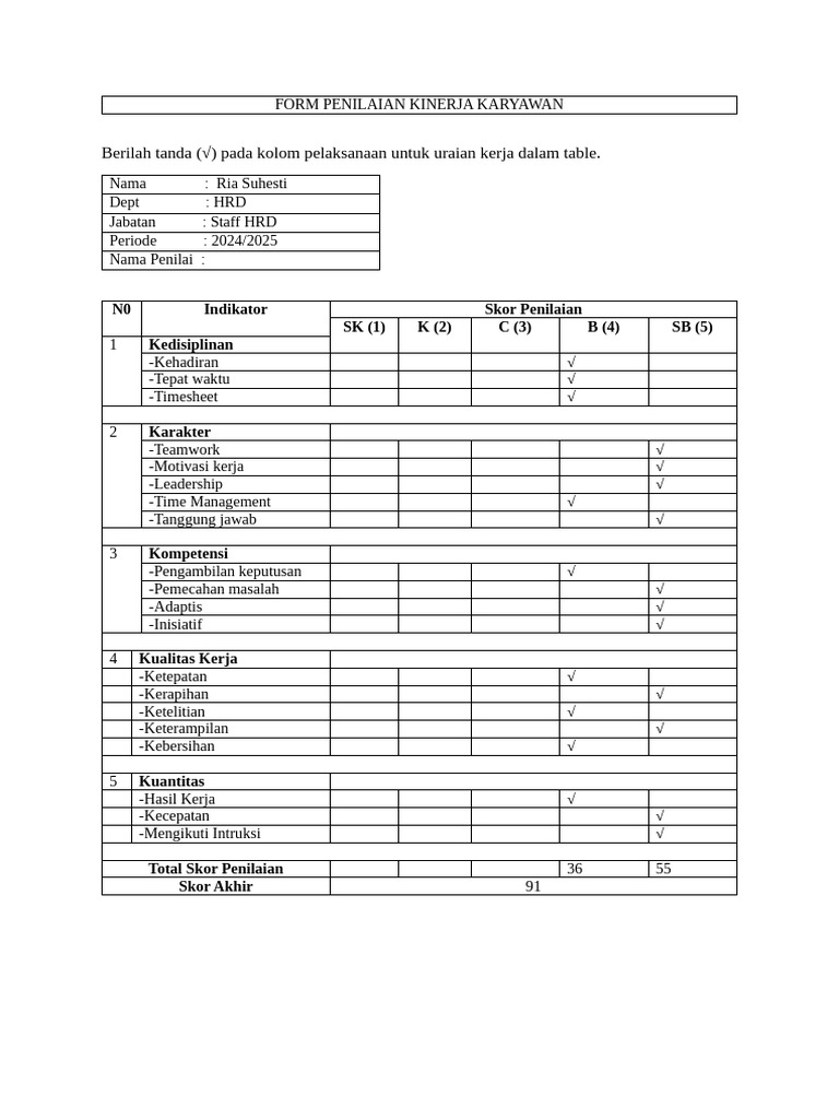 Form Penilaian Kinerja Karyawan | PDF