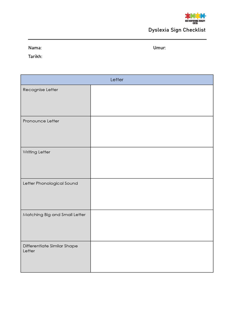 Dyslexia Sign Checklist (OT) | PDF