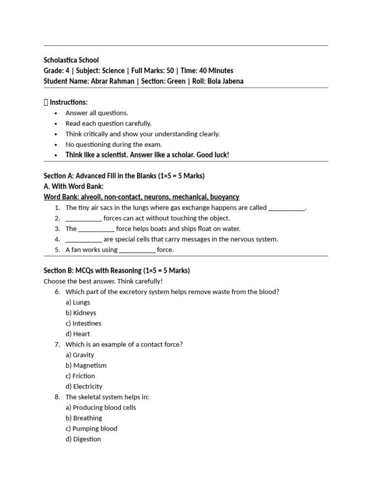 Grade 4 Science Exam Paper | PDF | Force | Lung