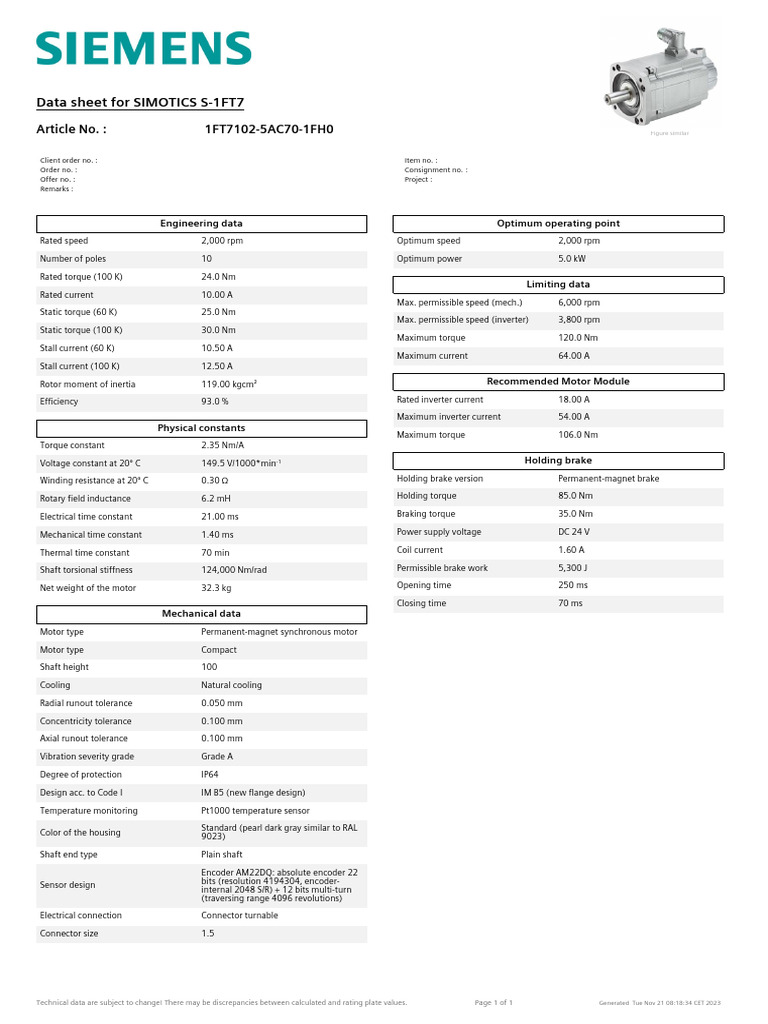 SIMOTICS S-1FT7 Motor Data Sheet | PDF | Electric Motor | Mechanical ...