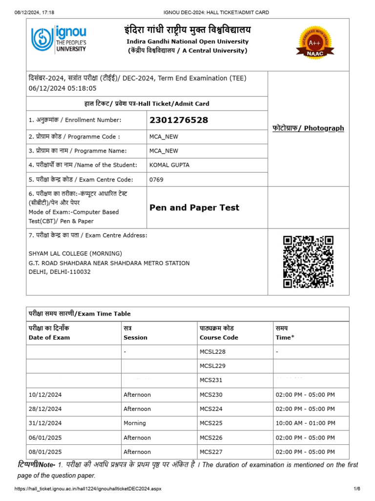 Ignou Dec-2024 - Hall Ticket - Admit Card | PDF