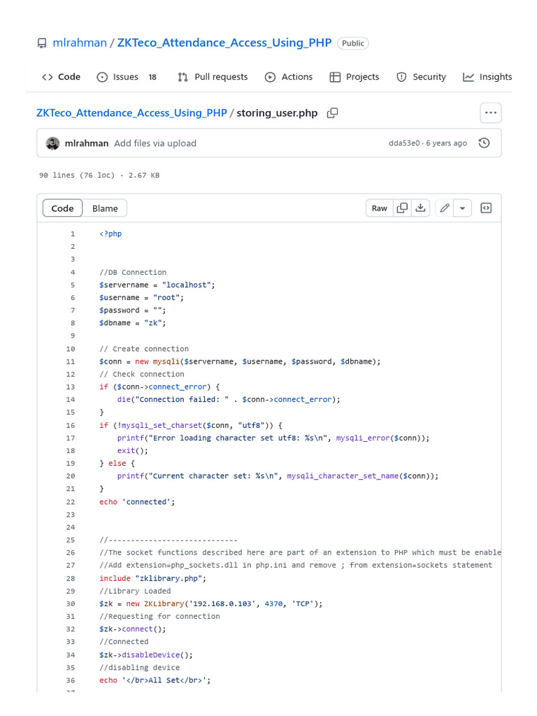 ZKTeco Attendance Access Using PHP Storing User - PHP at Master Mlrahman ZKTeco Attendance ...