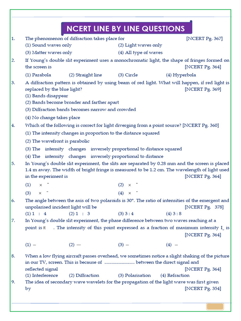 Wave Optics Line by Line Questions | PDF | Diffraction | Wavelength