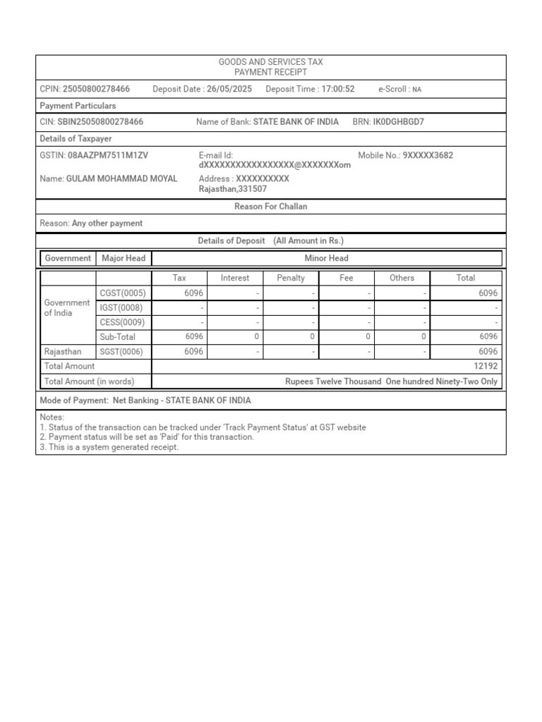 GST Payment Receipt for Gulam Moyal | PDF