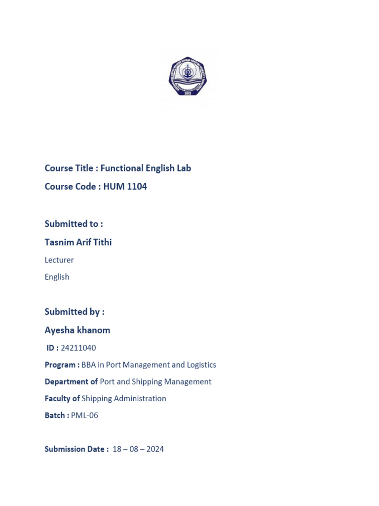 Assignment: Course Title: Functional English Lab Course Code: HUM 1104 ...