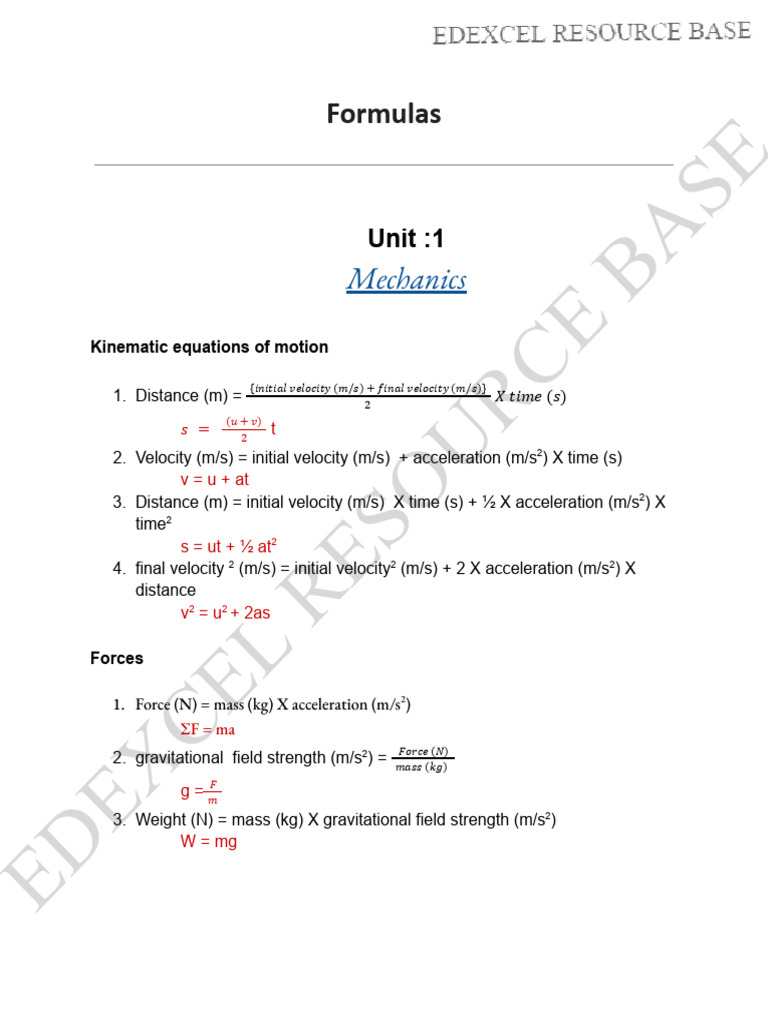 Physics Unit 1 Formula Sheet | PDF | Force | Velocity