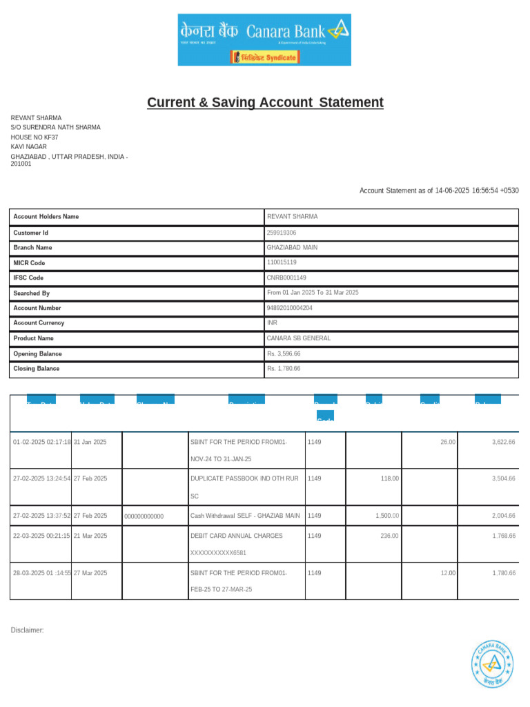 Canara Bank Account Statement Summary | PDF | Phishing | Debit Card