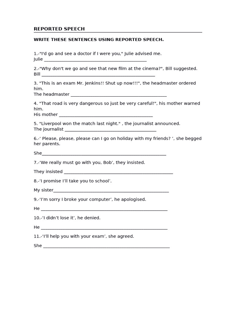 Reported Speech Exercice (Reporting Verbs) | PDF