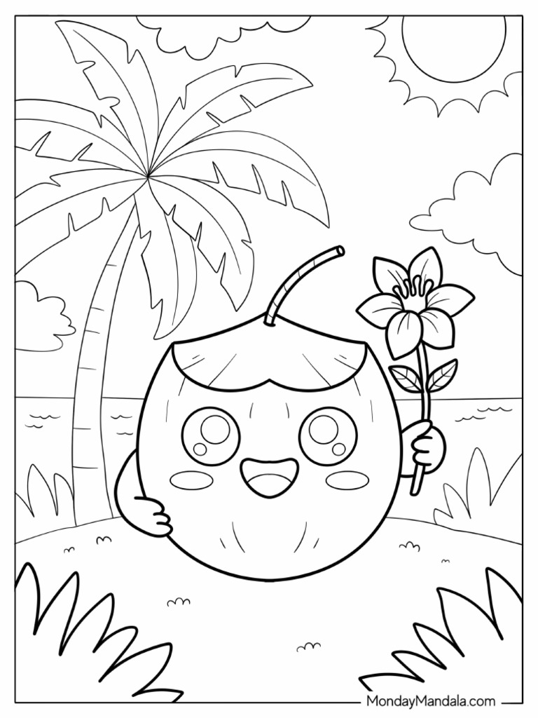 Smiling Coconut Holding A Flower On Sunny Beach With Palm Tree Coloring ...