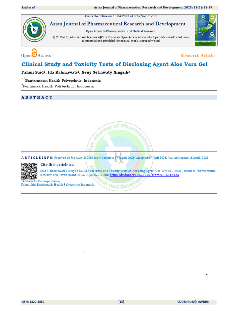 Aloe Vera As Plaque Disclosing Agents | PDF | Toxicity | Solvent