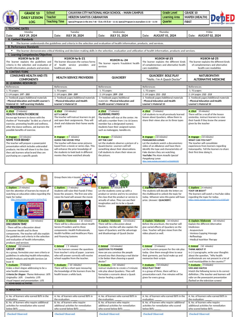 1st Quarter - Week 1 - Health 10 (2024) | PDF | Learning