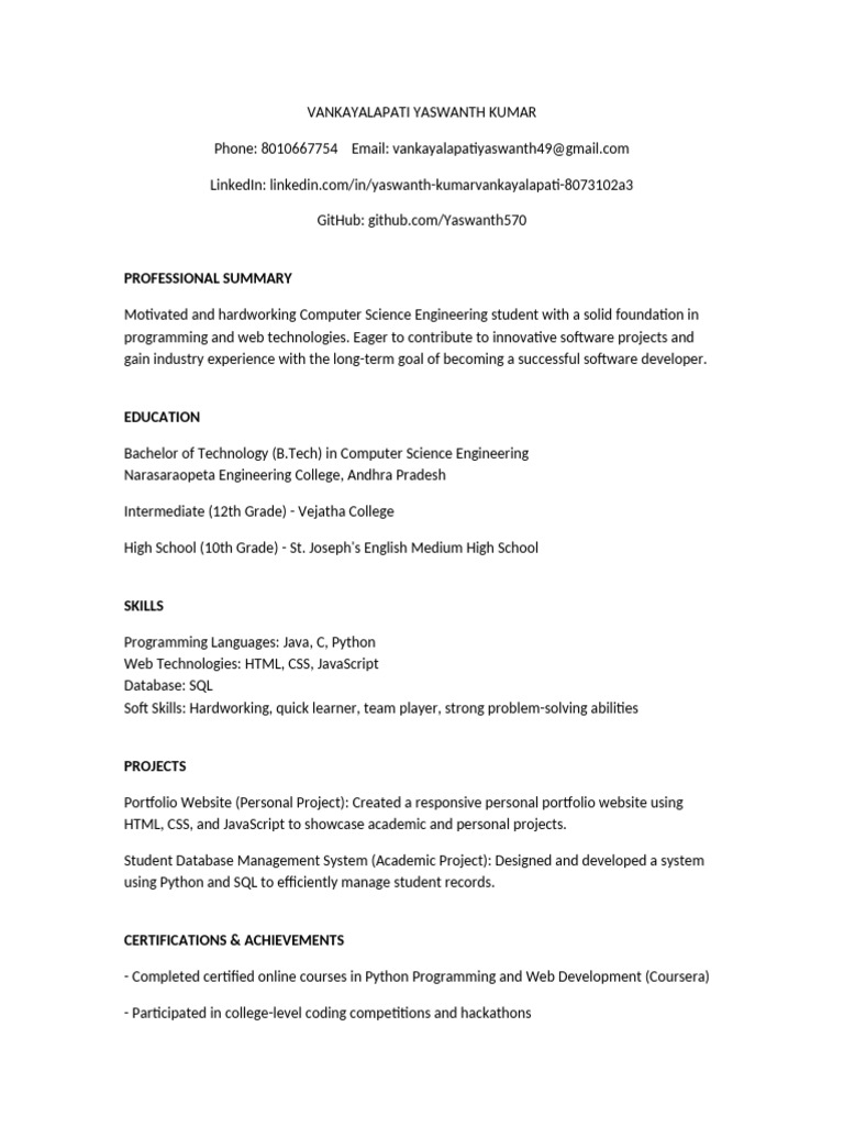 Yaswanth Kumar Resume Formatted | PDF