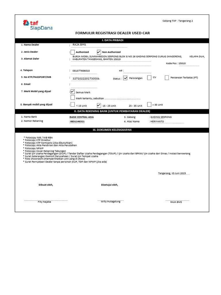 Formulir Registrasi Dealer Mobil Bekas | PDF