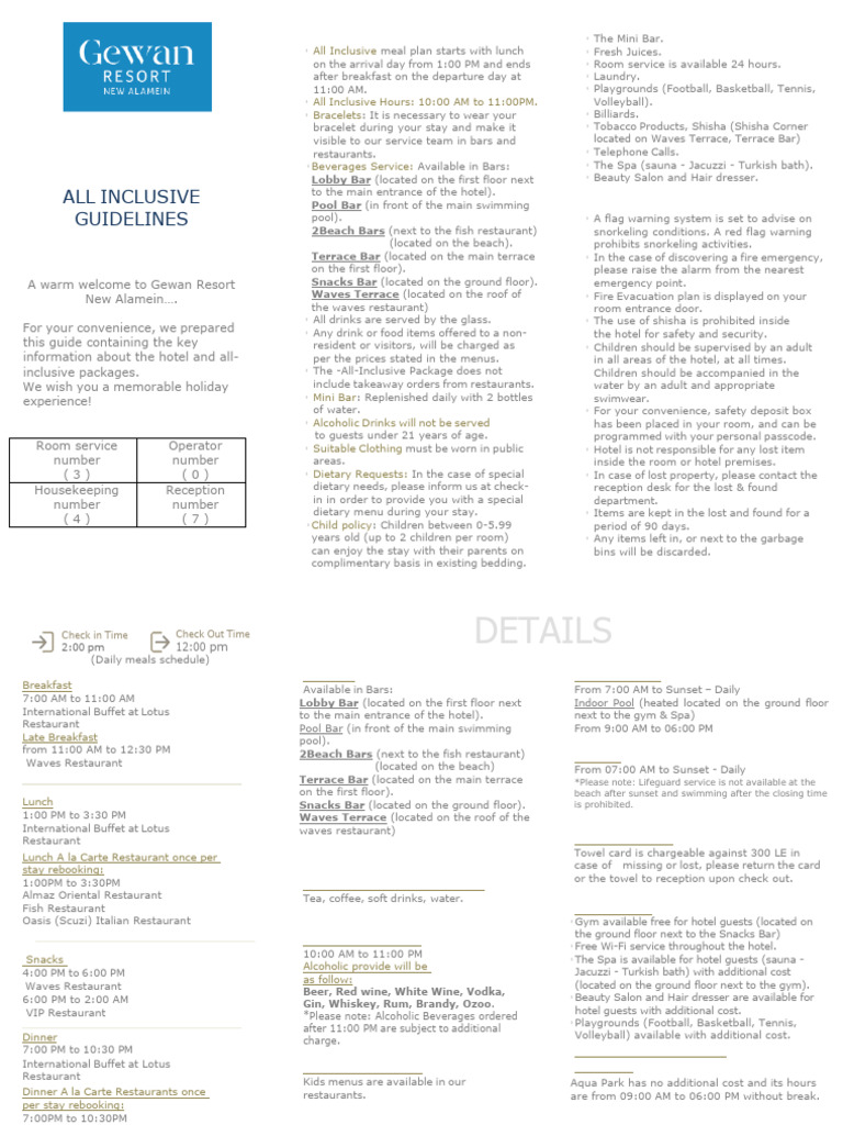 Info Sheet All Inclusive Gewan Resort | PDF | Restaurants | Menu