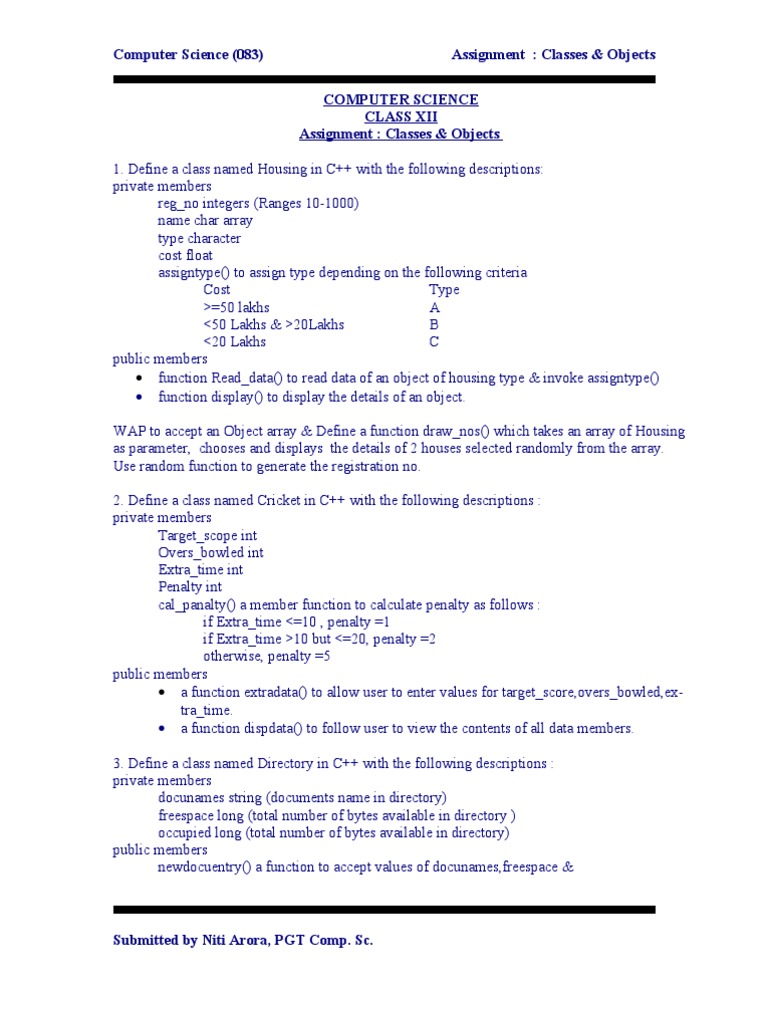 Computer Science 083 Assignment Classes And Objects Computer Science Class Xii Assignment 9475