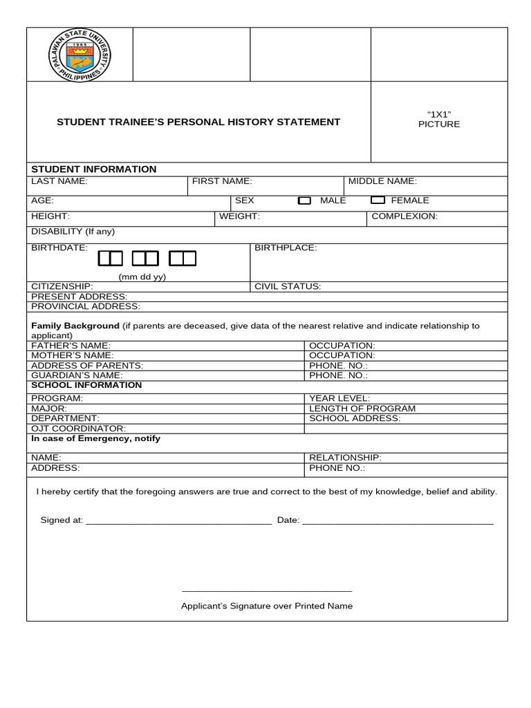 Student Trainees Personal History Statement 102113 | PDF