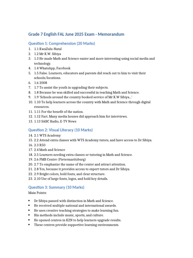 Grade 7 English FAL June 2025 Memorandum | PDF | Noun | Subject (Grammar)