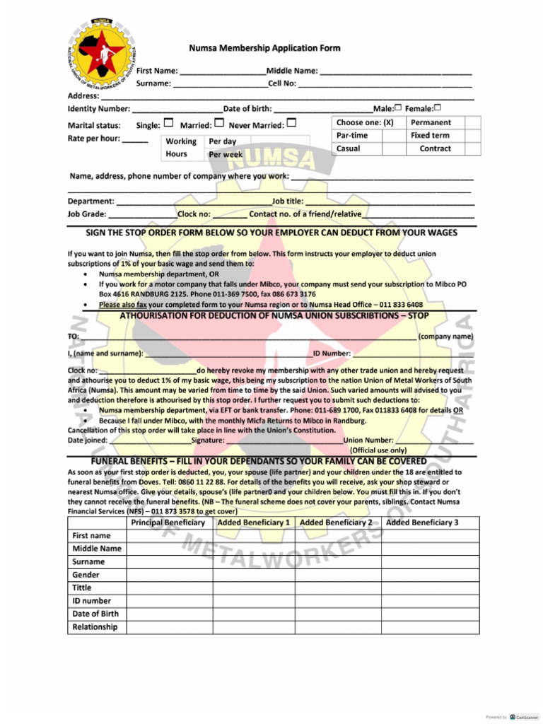 Numsa Membership Form (8) 075459 | PDF