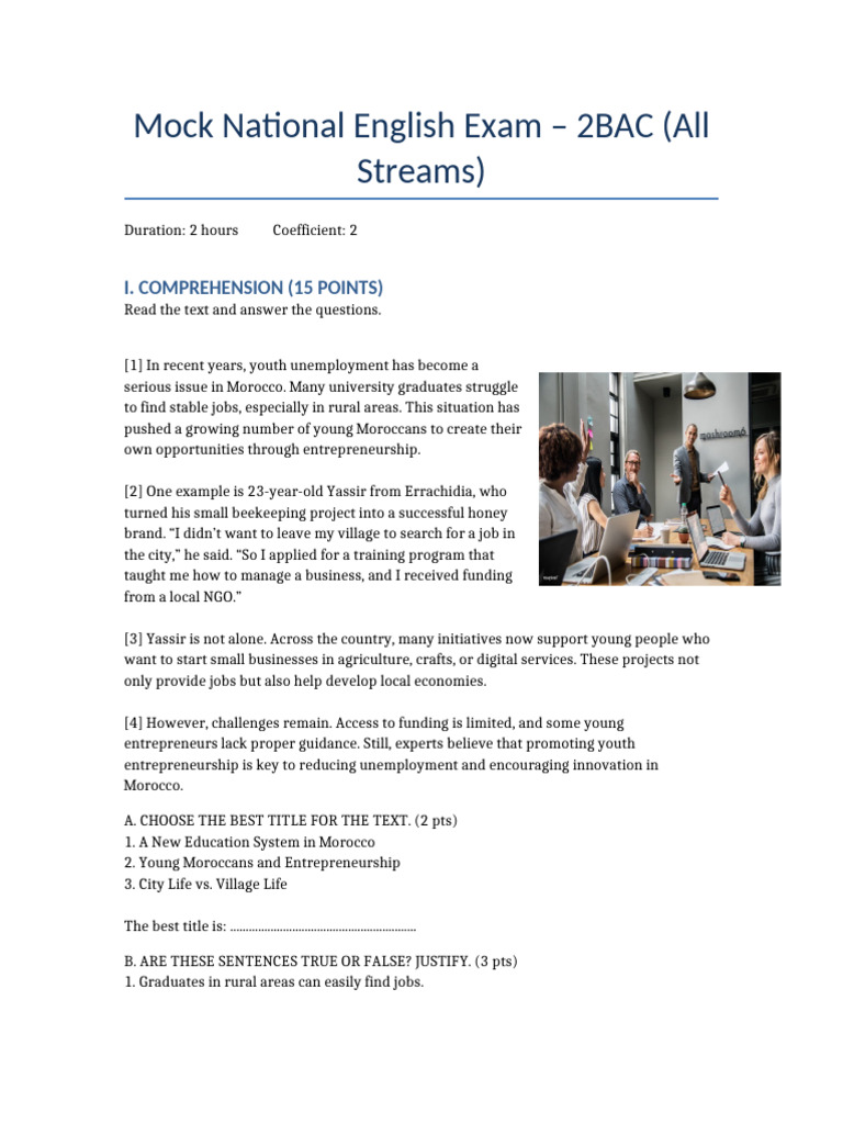 Full Mock English Exam 2BAC | PDF | Entrepreneurship | Linguistics