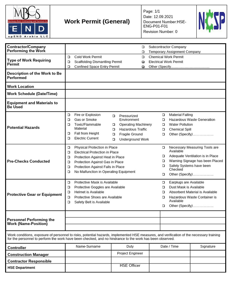 Ue Hse Eng p01 f01 Work Permit (General) | PDF | Hazards | Pollution