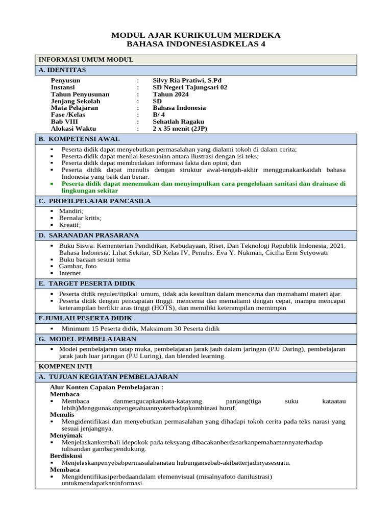 Modul Ajar Adiwiyata Aspek Pengelolaan Sanitasi Dan Drainase | PDF