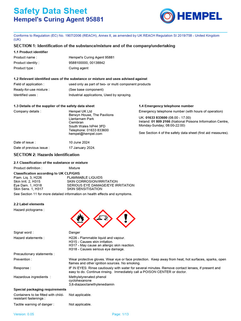 Hempel's Curing Agent 95881 Safety Data Sheet | PDF | Personal ...