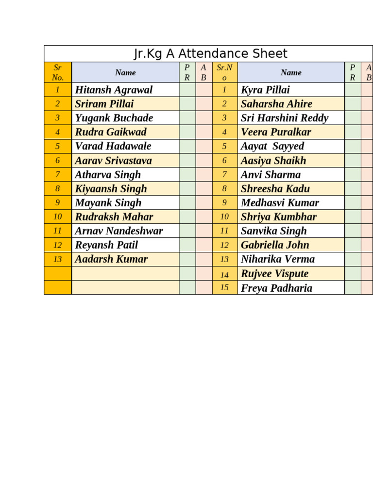 JR - KG A Attendence Sheet | PDF