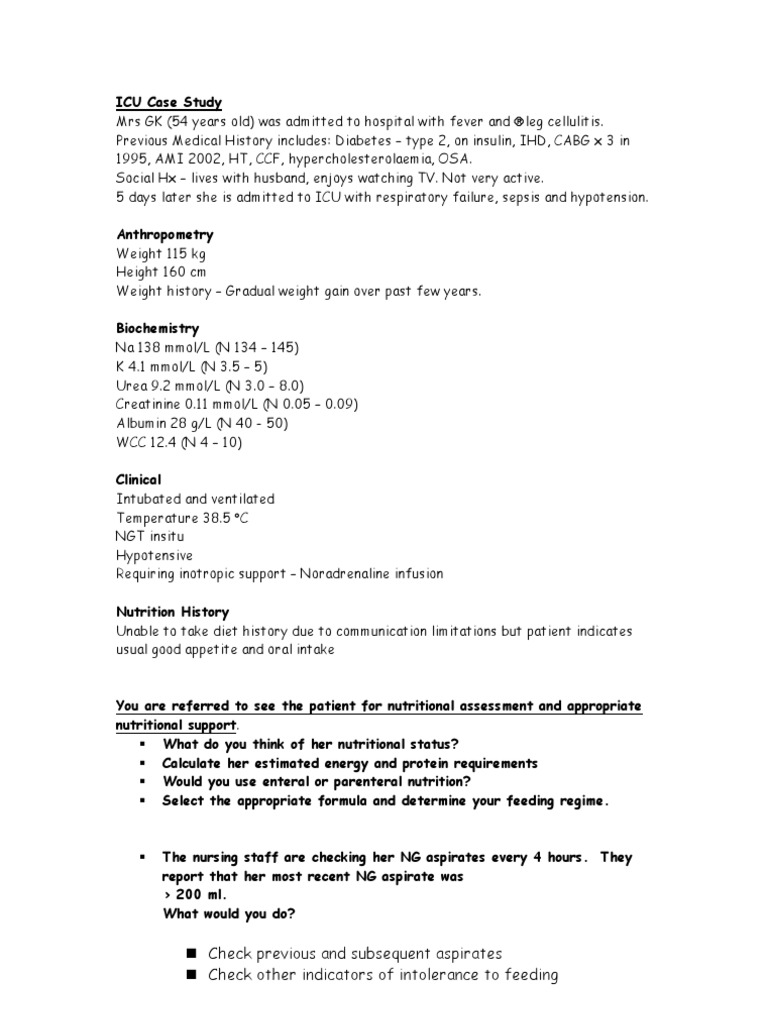 Nutrition Case Study: ICU Patient Care | PDF | Nutrition | Diet & Nutrition
