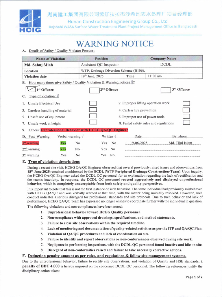 0001 - Warning Letter 0001 MD Sabuj Miah DCDL | PDF