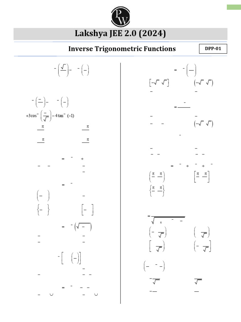 Inverse Trigonometric Functions - DPP 01 - Lakshya JEE 2.0 2024 | PDF | Function (Mathematics ...