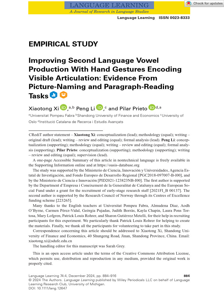 Language Learning - 2024 - Xi - Improving Second Language Vowel Production With Hand Gestures ...