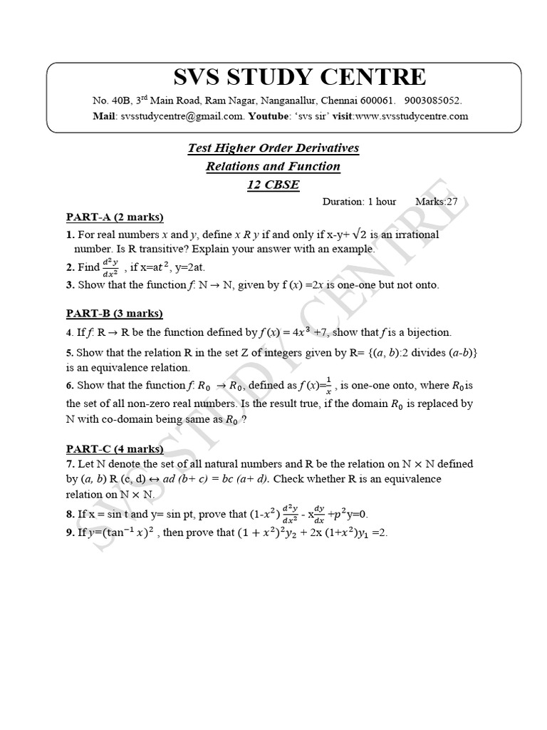 12 Cbse Higher Order Derivatives, Relations and Functions June 2025 | PDF