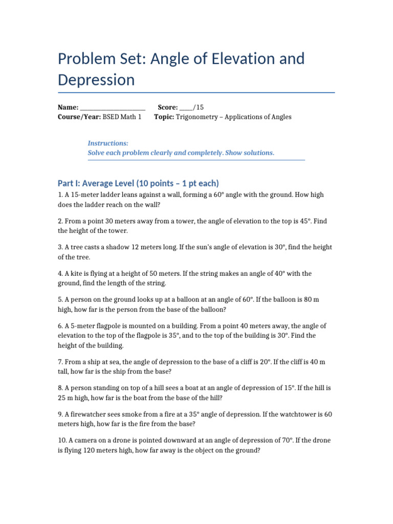 Trigonometry Problem Set Elevation Depression | PDF