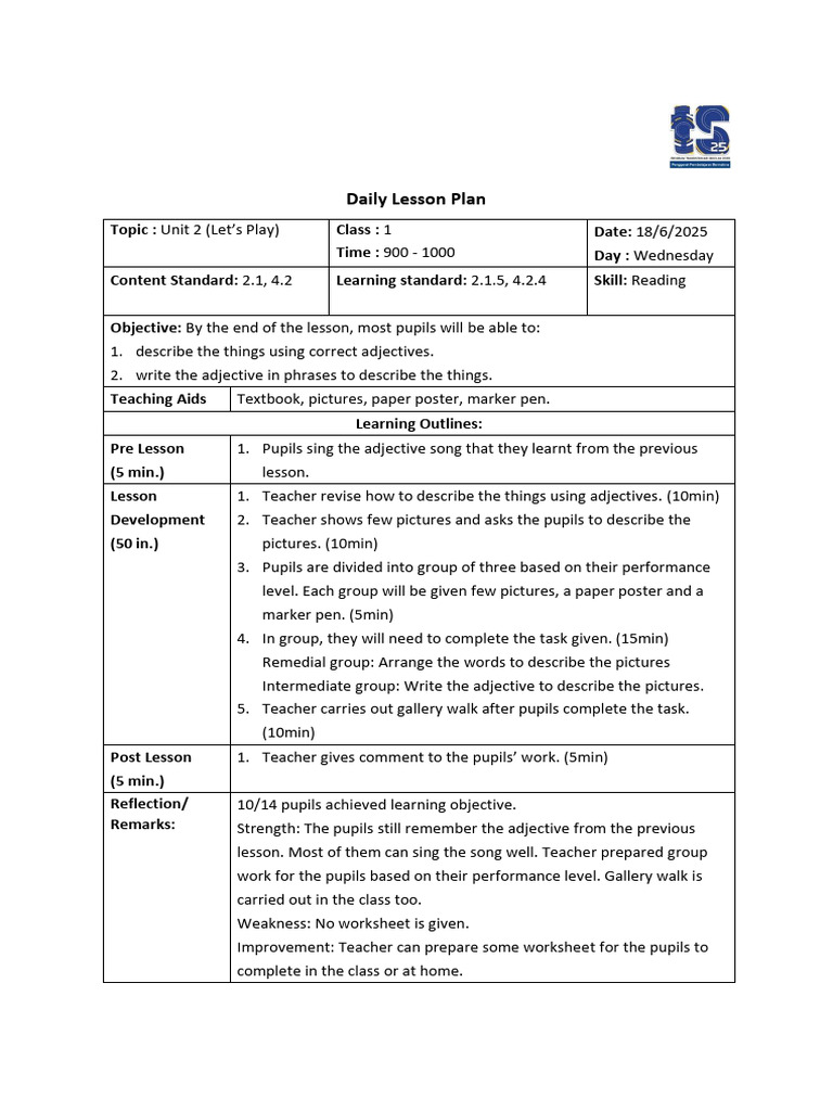 Daily Lesson Plan: Topic: Class: Time: Date: Day: Content Standard ...
