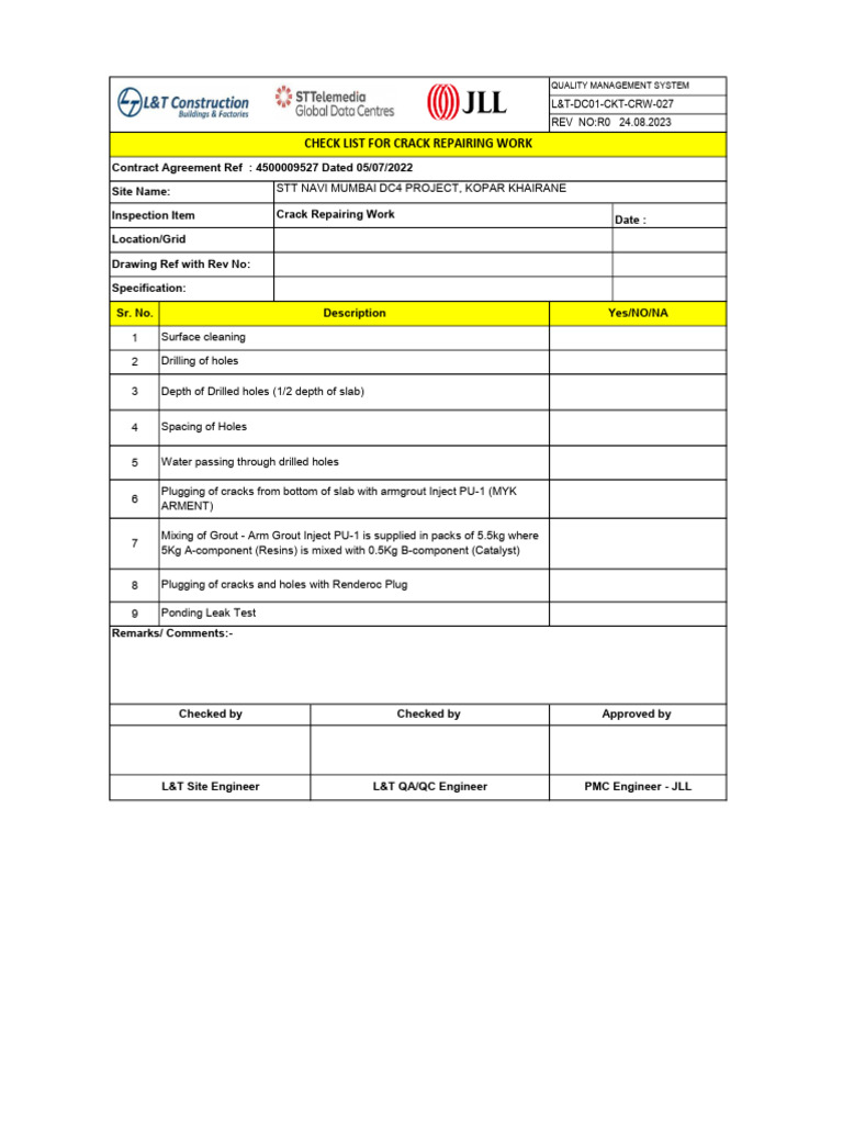 Checklist Crack Repairing Work | PDF
