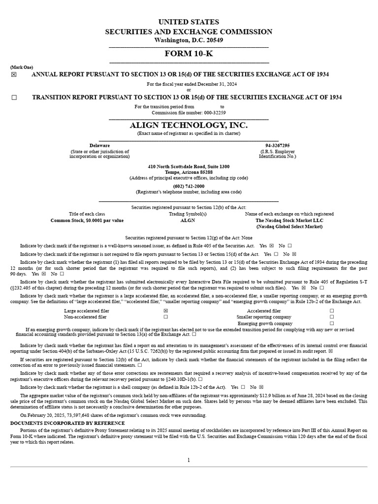 Align Techology Inc - 10K-2024 | PDF | Orthodontics | Form 10 K