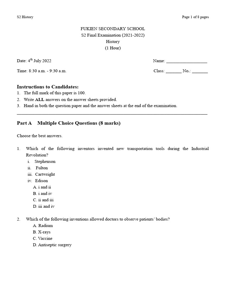 2021-22 S2 History Final Exam (EMI) Question Paper | PDF | Labour Economics | Industrial Revolution