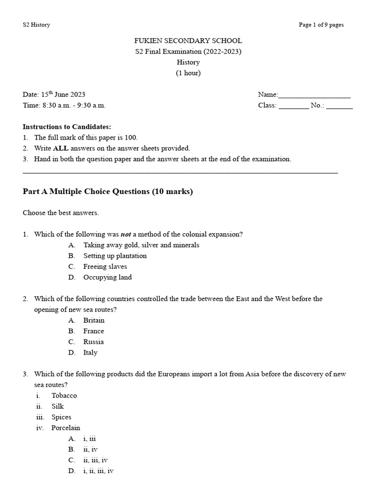 S2 History Final Exam Paper 2023 | PDF | Taxes | American Revolution