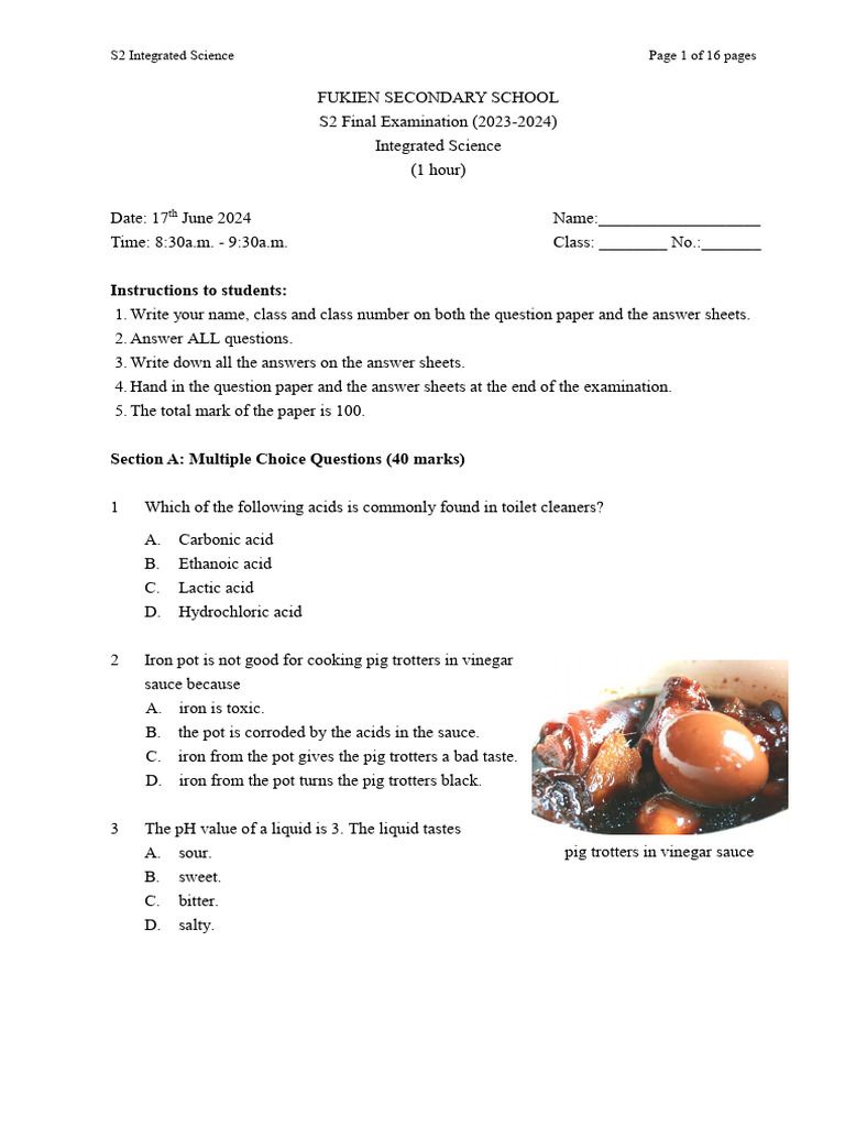 S2 Integrated Science Exam Paper 2024 | PDF | Acid | Taste