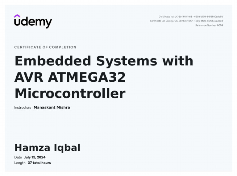 Embedded System With Avr Atmega 32 Microcontroller Certificate (Udemy ...